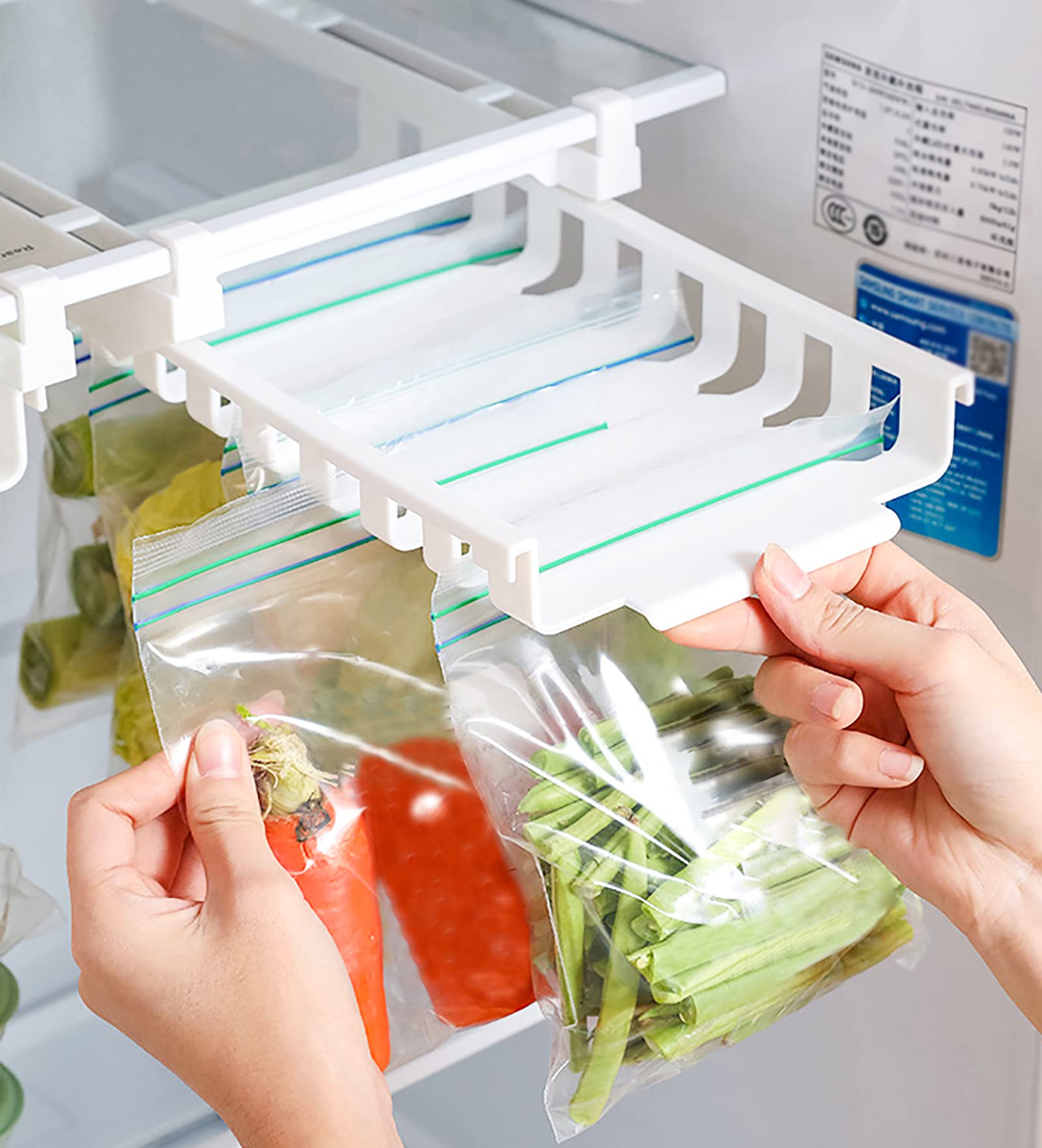 SZHTSWU Refrigerator Ziplock Bag Storage Rail Rack, Hanging Storage Clip Sliding Rail Tray Retractable Fridge Drawer Storage Organizer with 20 Sealed Bags for Fruits Vegetable Food Fresh-Keeping