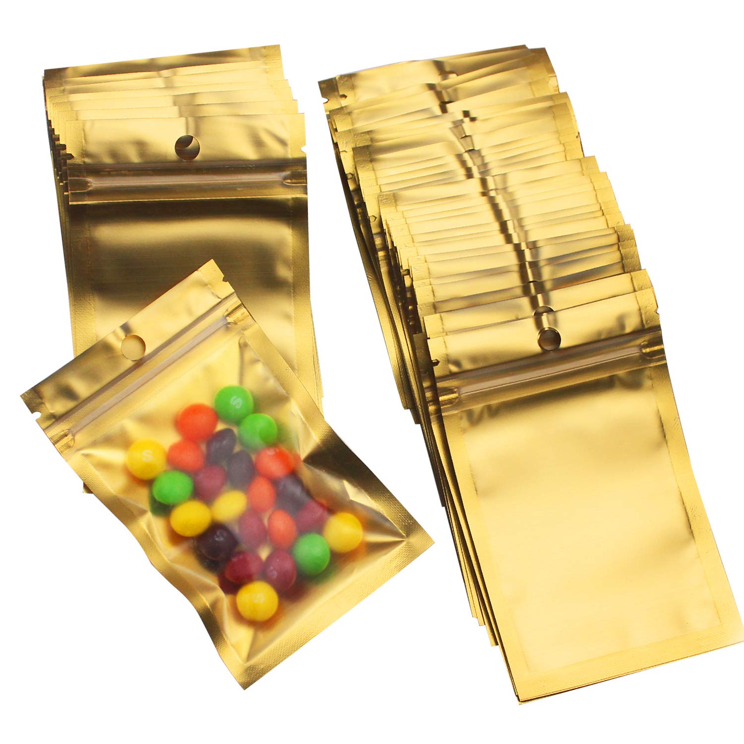Luckkyme 200 Pack Mylar Zip Lock Bags Aluminum Foil Bags Durable Double-Sided Metallic Foil Mylar Flat Mini Ziplock Bag 7.5 x 12 cm/ 3 x 4.7 Inch (Gold)