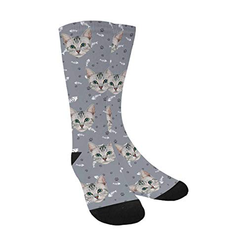 Custom Print Your Photo Funny Pet Face Socks, Personalized Fish Bones, Cat and Dog Tracks Paws Gray Crew Socks with Pictures for Men Women