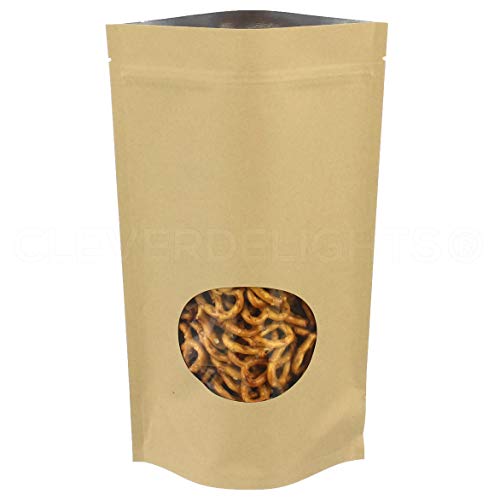 CleverDelights Kraft Window Stand Up Pouches - 16oz - 100 Pack - 7" x 11.5" x 4" - Resealable Bag