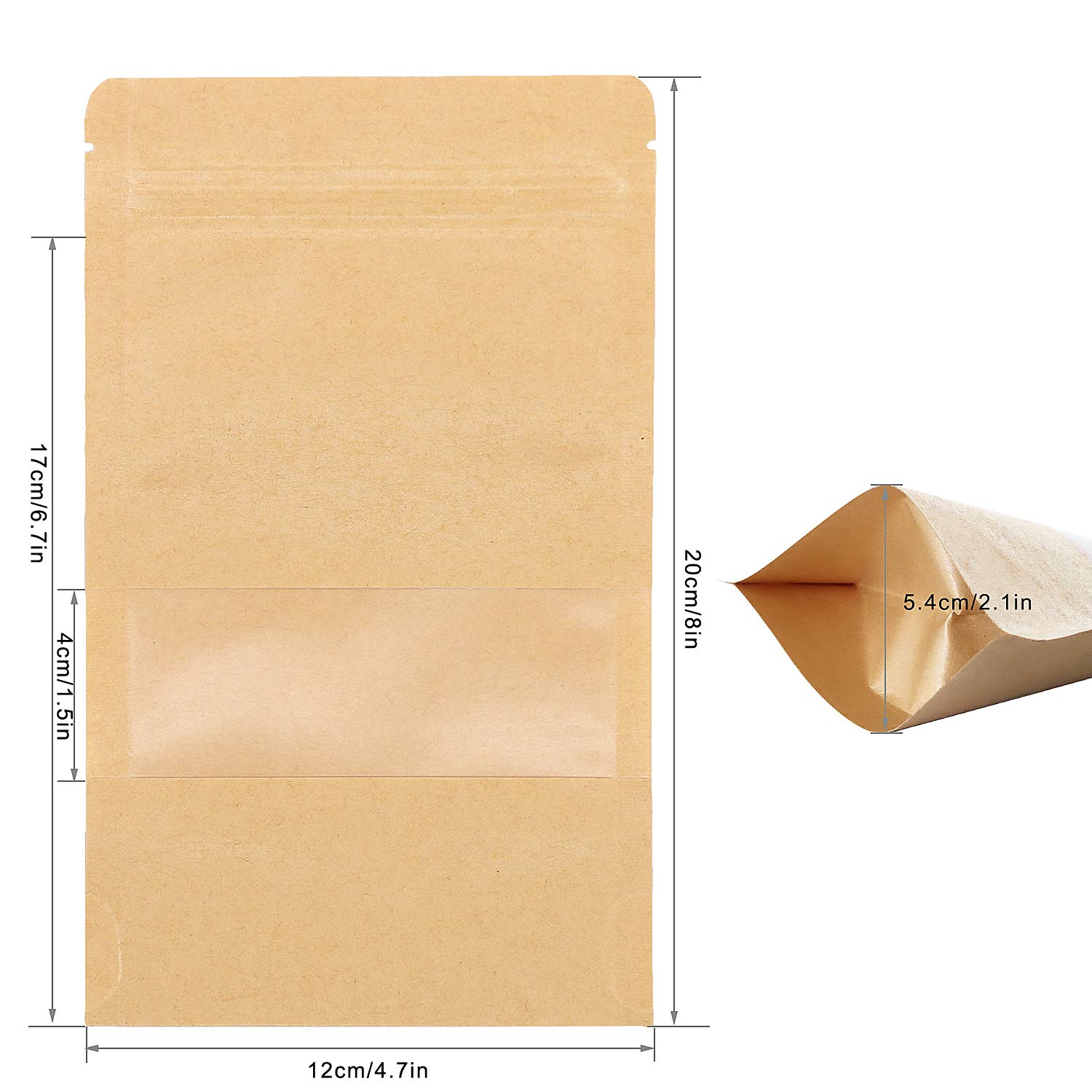 SumDirect Kraft Food Bags with Window - Resealable Kraft Stand Up Pouches, 50Pack 4.7x7.8inches Zipper Food Storage Bags for Packaging