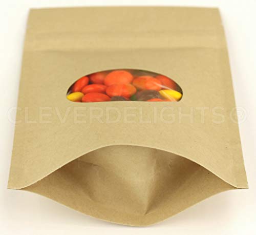 CleverDelights Kraft Window Stand Up Pouches - 2oz - 100 Pack - 4" x 6" x 2" - Resealable Bag