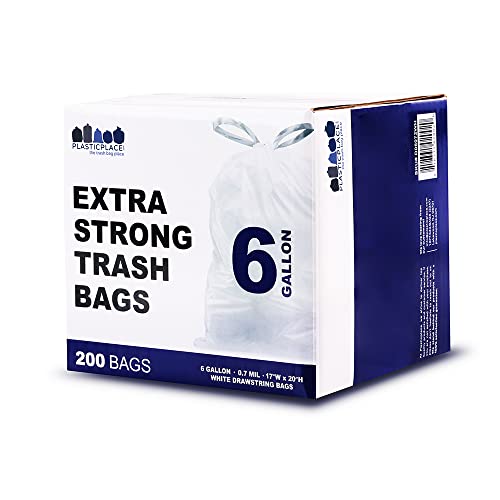 Plasticplace 6 Gallon Trash Bags, 0.7 Mil, White Drawstring Garbage Can Liners, 17" x 20" (100 Count)