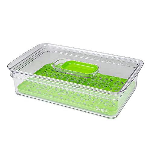Goodful Produce Keeper, Adjustable Air Vents, Removable Insert/Colander, Durable Food Safe Material, Stackable, Clear and Green, Flat, 11.6" x 6.8" x 2.8"