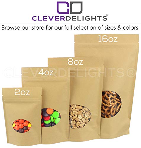 CleverDelights Kraft Window Stand Up Pouches - 2oz - 100 Pack - 4" x 6" x 2" - Resealable Bag