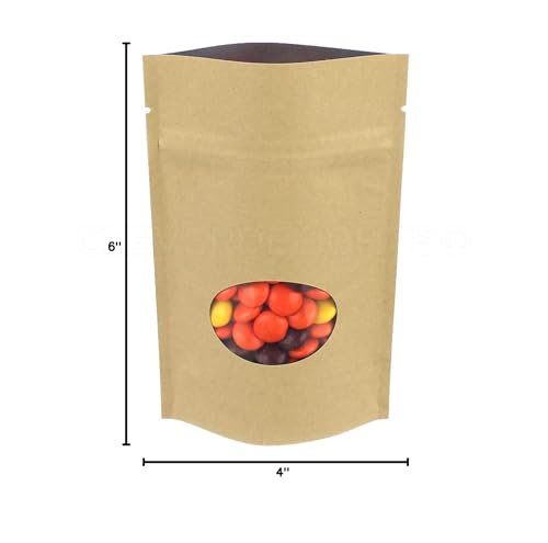 CleverDelights Kraft Window Stand Up Pouches - 2oz - 100 Pack - 4" x 6" x 2" - Resealable Bag