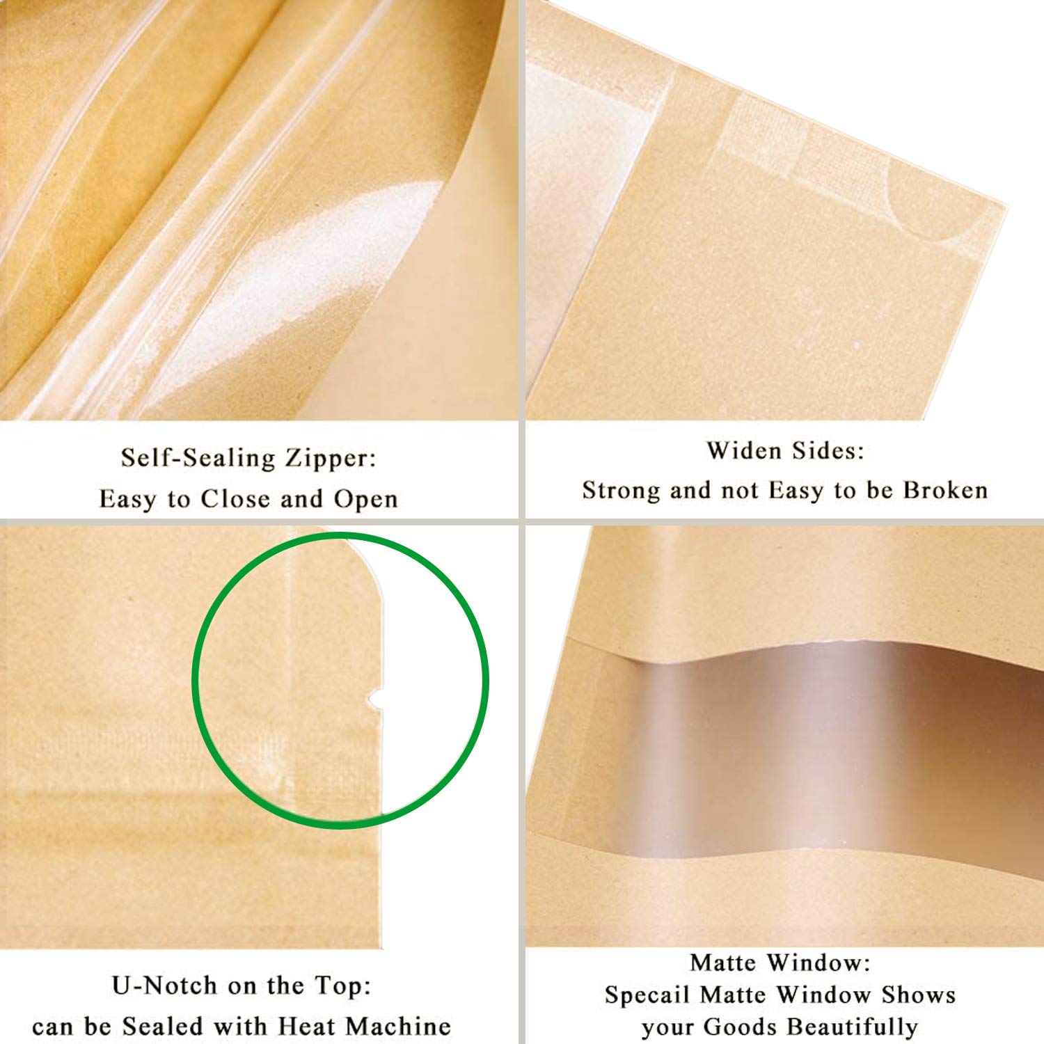 SumDirect Kraft Food Bags with Window - Resealable Kraft Stand Up Pouches, 50Pack 4.7x7.8inches Zipper Food Storage Bags for Packaging