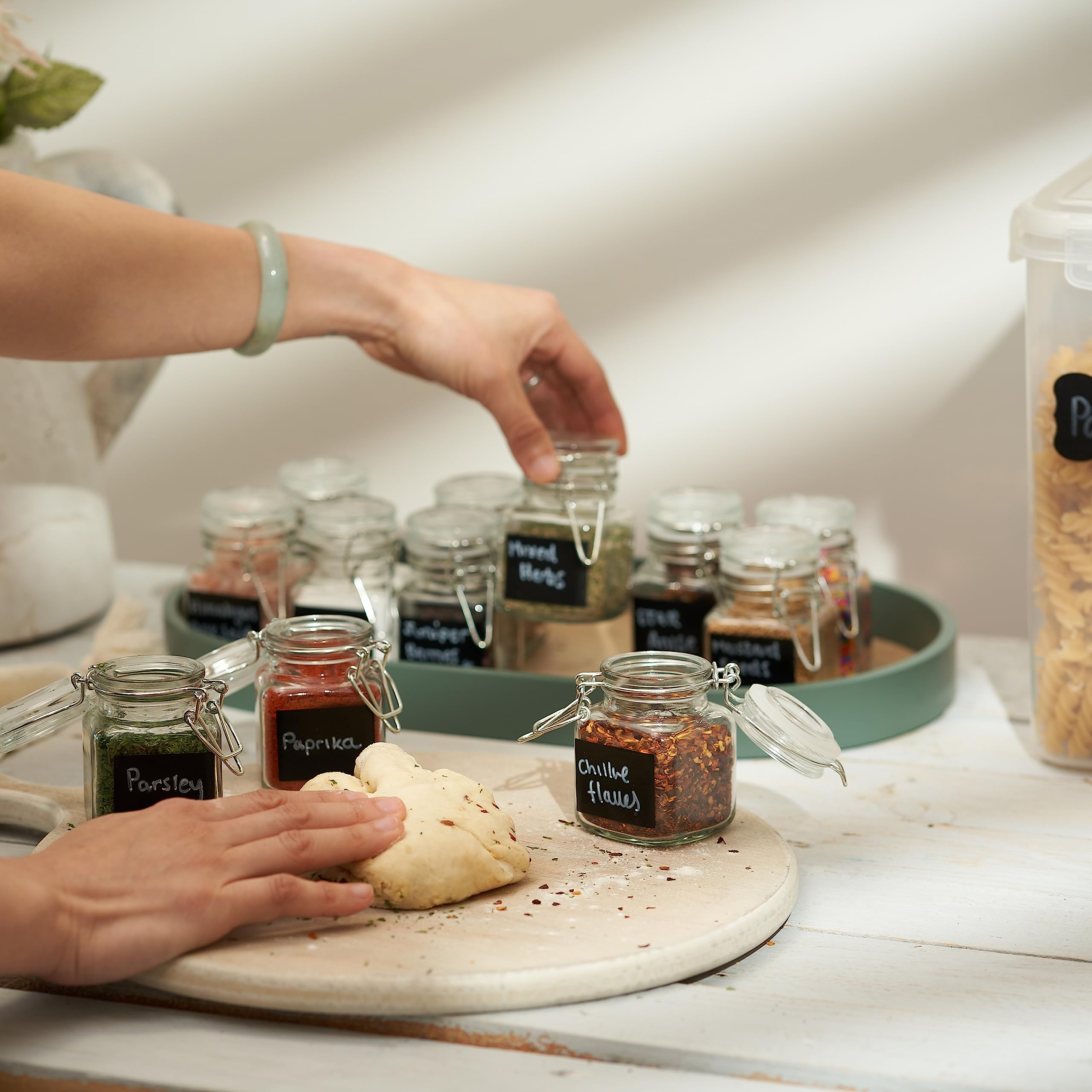Oak & Steel 12 Pack 3.4oz Small Airtight Glass Spice Jars with Lids & Clip Top, 24 Labels & Chalk Pen - Square Bottles, Herb Jars, Mason Jars, Seasoning Containers