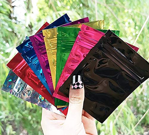 100PCS Metallic Foil Open Top Sealable Bags Double-Sided Color Mylar Foil Flat Heat Sealable Sample Zipper Bag Durable Food Storage Bag With Tear Notches Pouches Bag For Candy Tea Sugar(3.4"x5")