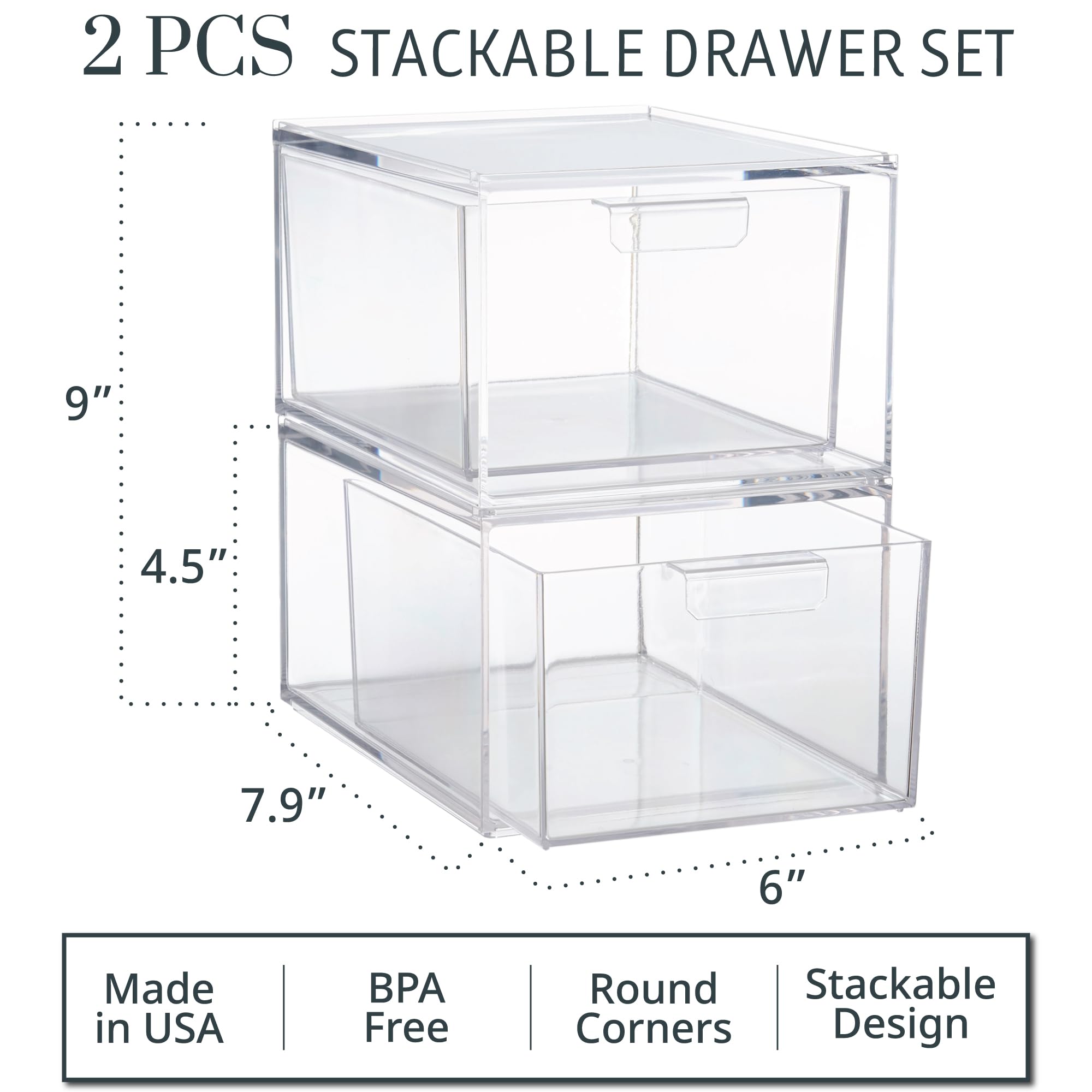 STORi 2-Pack Audrey Stackable Clear Plastic Organizer Drawers | 4.5-Inches Tall | Organize Cosmetics and Beauty Supplies on a Vanity | Made in USA