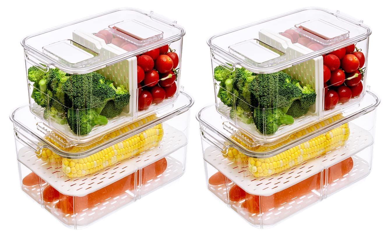 SANNO Fridge Produce Saver Storage Vegetable Fruit Containers Food Produce Saver Container Stackable Refrigerator Organizer Bins Fresh Keeper Drawers Organizer, Set of 4