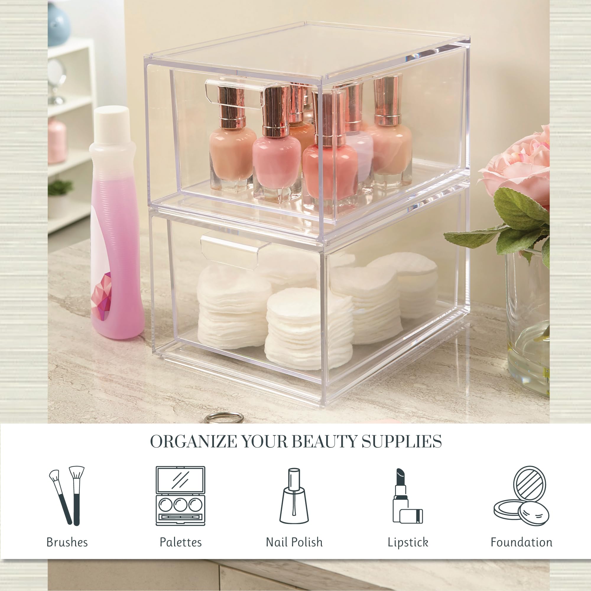 STORi 2-Pack Audrey Stackable Clear Plastic Organizer Drawers | 4.5-Inches Tall | Organize Cosmetics and Beauty Supplies on a Vanity | Made in USA