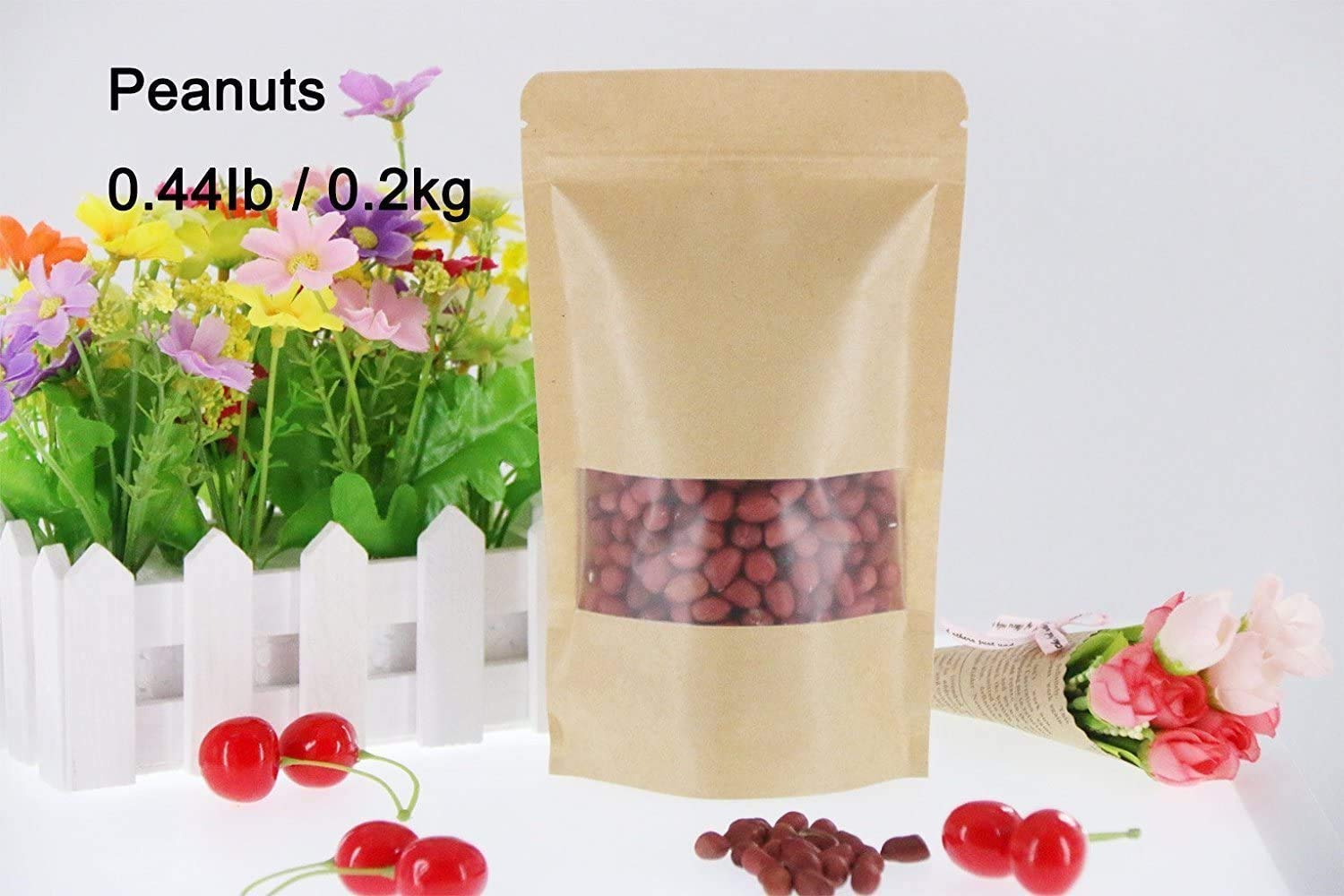 SumDirect Kraft Food Bags with Window - Resealable Kraft Stand Up Pouches, 50Pack 4.7x7.8inches Zipper Food Storage Bags for Packaging