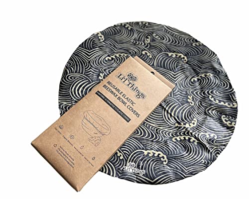 Li'l Things Eco-friendly Beeswax Bowl Covers | Improved Beeswax Coating | Elastic Food Storage Covers | Reusable Lids For Food, Fruits and Leftover | 5 Sizes | 3 Different Themes | Japanese Waves