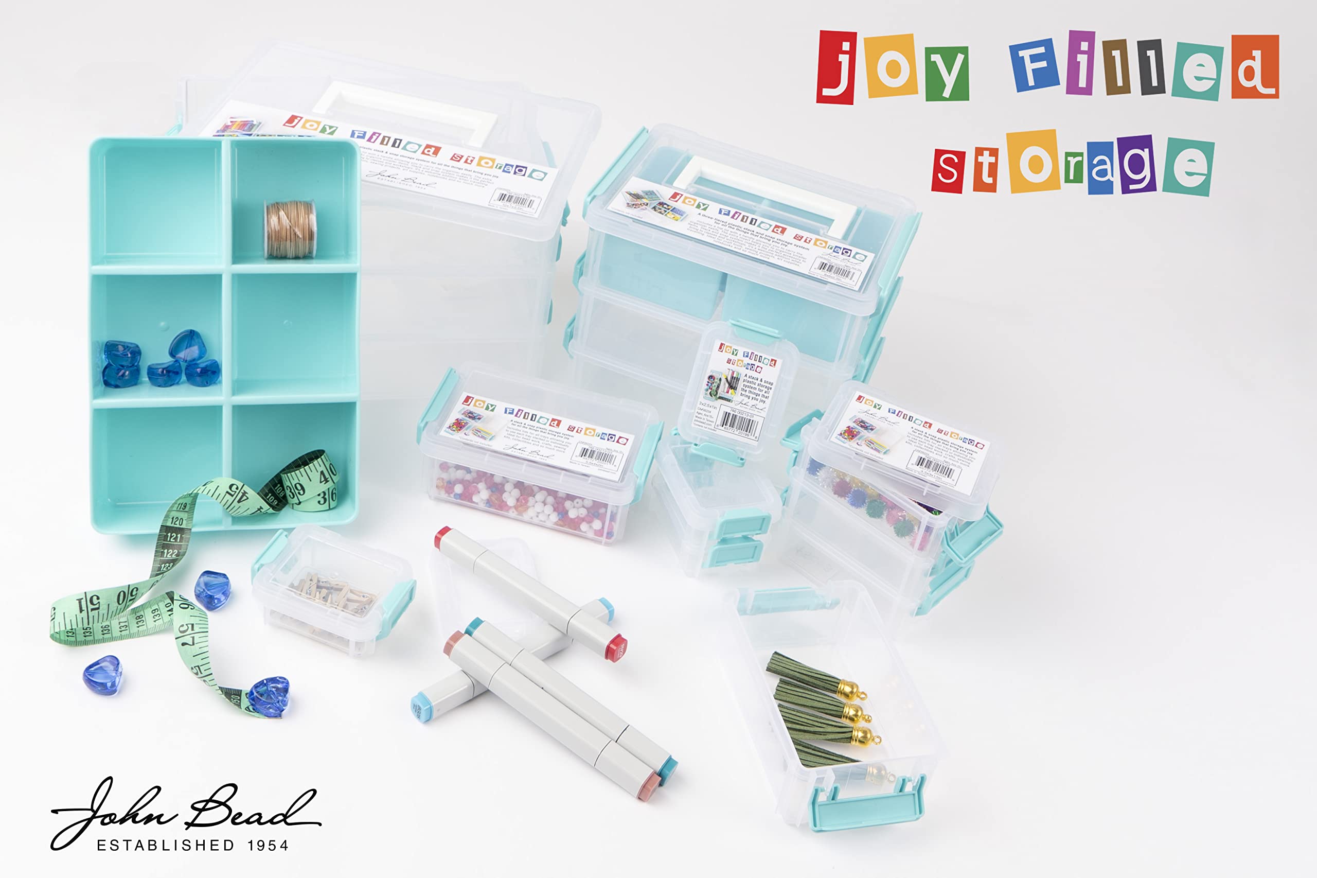 Joy Filled Storage - 4 Clear Stackable Containers 4 lids Each (3x2.5x1in) - with Turquoise Detail for Craft, Ideal for Food Storage and Organizing Containers