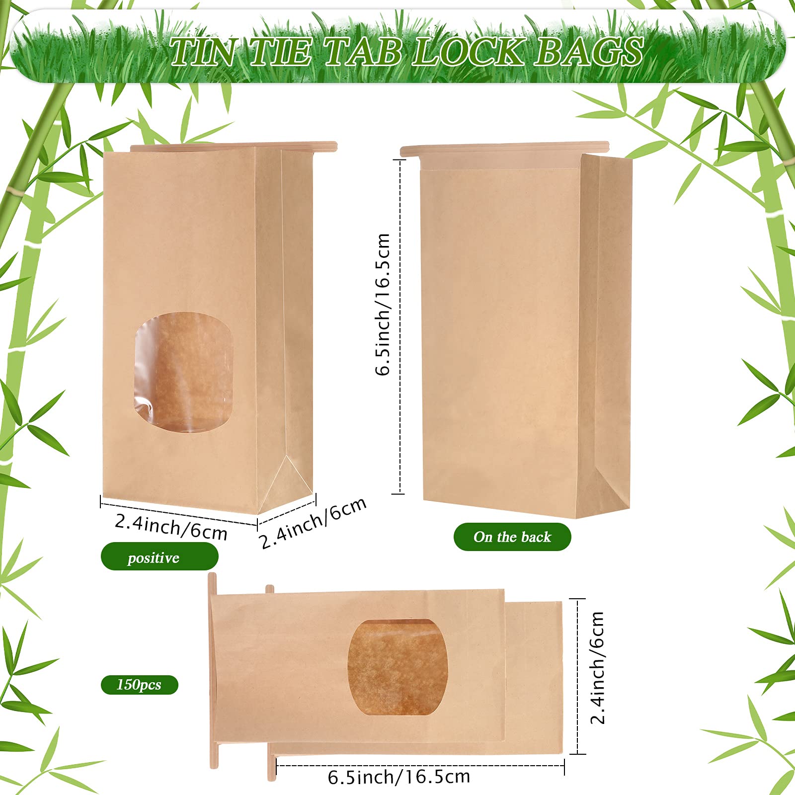 Glenmal 150 Pieces Bakery Bags with Window Kraft Packaging Treat Bag Tin Tie Tab Lock Cookie Bread Paper Coffee Bean Storage for Food Crafts Container (3.54 x 2.36 6.7 Inch), brown