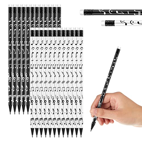 Music Note Pencils Music Pencils Music Themed Pencils Kids Musical Pencils Round White Black Pencils Woodcase Pencils with Eraser for School Office Supplies Drawing Writing, 7 Inches (24 Pieces)