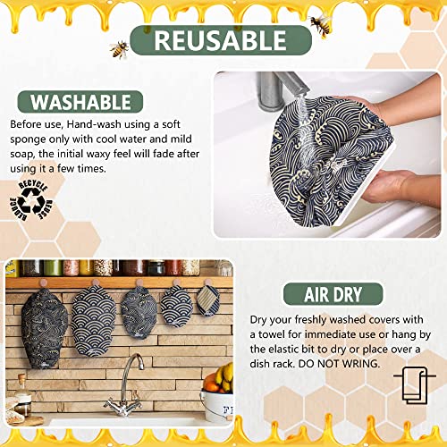 Li'l Things Eco-friendly Beeswax Bowl Covers | Improved Beeswax Coating | Elastic Food Storage Covers | Reusable Lids For Food, Fruits and Leftover | 5 Sizes | 3 Different Themes | Japanese Waves