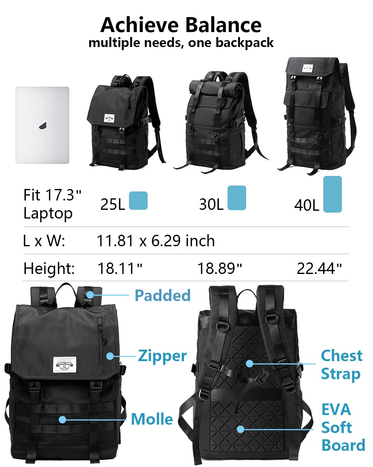 Refutuna Roll Top Backpack for Men, Water Resistant Expandable Rolltop Vintage Rucksack Laptop Backpack for School Commute Business Travel, 40 Max Liter & Fit 17.3 Inch Screen Size Computer(Black)