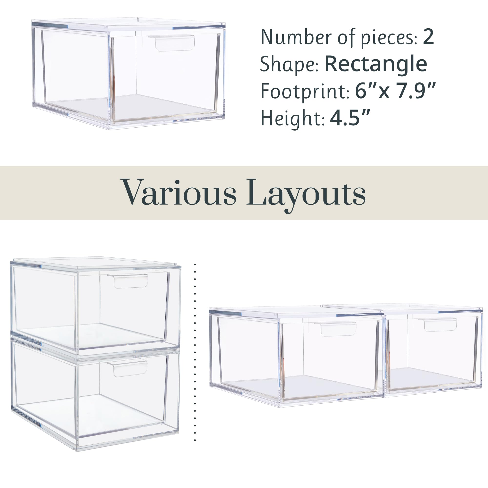 STORi 2-Pack Audrey Stackable Clear Plastic Organizer Drawers | 4.5-Inches Tall | Organize Cosmetics and Beauty Supplies on a Vanity | Made in USA