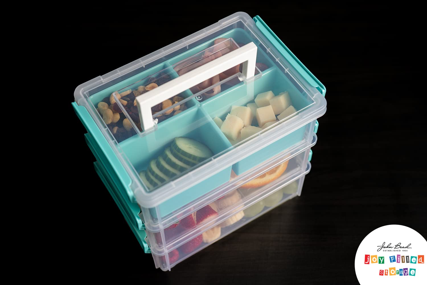 Joy Filled Storage - 4 Clear Stackable Containers 4 lids Each (3x2.5x1in) - with Turquoise Detail for Craft, Ideal for Food Storage and Organizing Containers