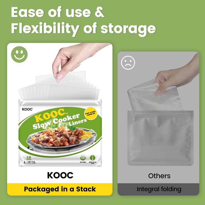 [NEW] KOOC Disposable Slow Cooker Liners and Cooking Bags, 1 Pack(10 Counts), Large Size Pot Liners Fit 4QT to 8.5QT, 13"x 21", Fresh Locking Seal Design, Suitable for Oval & Round Pot, BPA Free