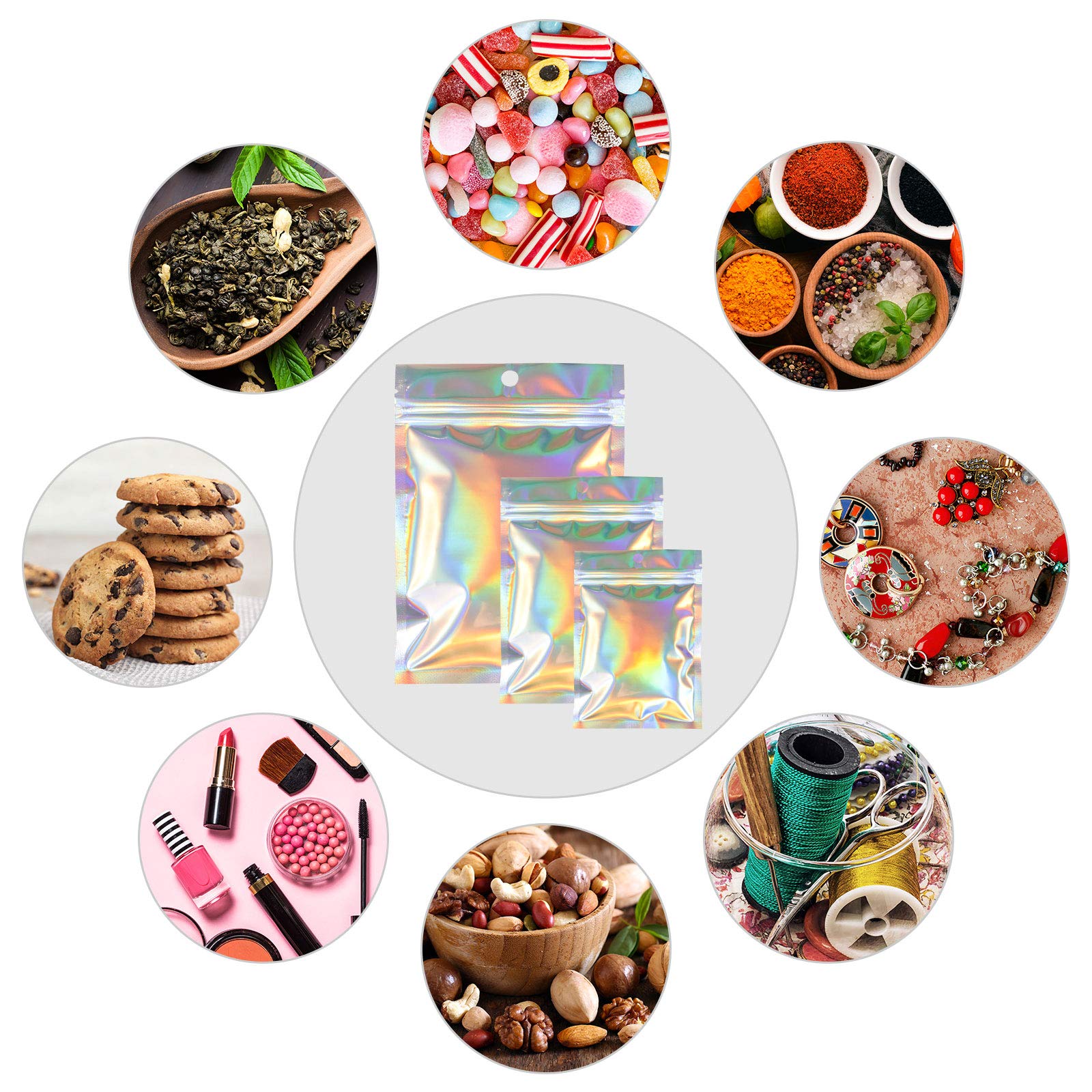 ISKYBOB 100 Pieces Resealable Mylar Zip Lock Bags Rainbow Flat Foil Pouches Smell Proof Food Storage Gift Package Supplies, M