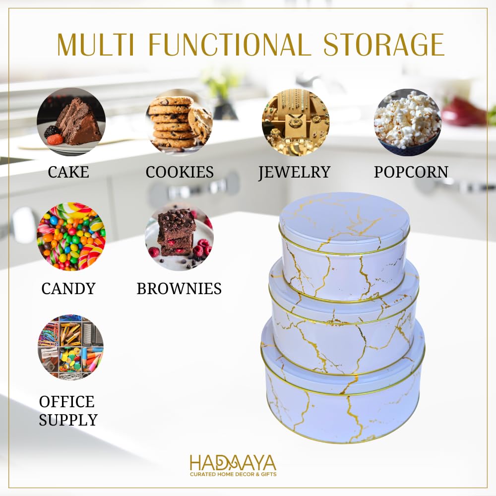 Pack of 3 Stackable Round Metal Tin Containers with Lids – Multipurpose Tins for Cookies, Candies, Kitchen Essentials & More | Thoughtful Gift for Women's / Mother's Day – Elegant White Gold Design
