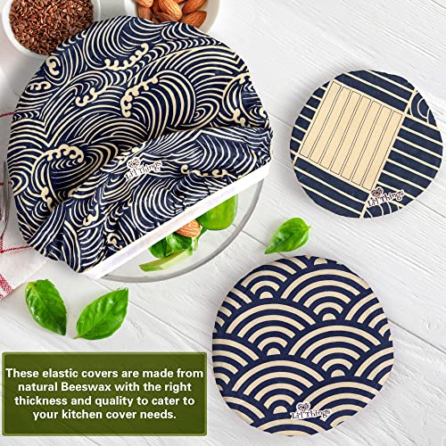 Li'l Things Eco-friendly Beeswax Bowl Covers | Improved Beeswax Coating | Elastic Food Storage Covers | Reusable Lids For Food, Fruits and Leftover | 5 Sizes | 3 Different Themes | Japanese Waves
