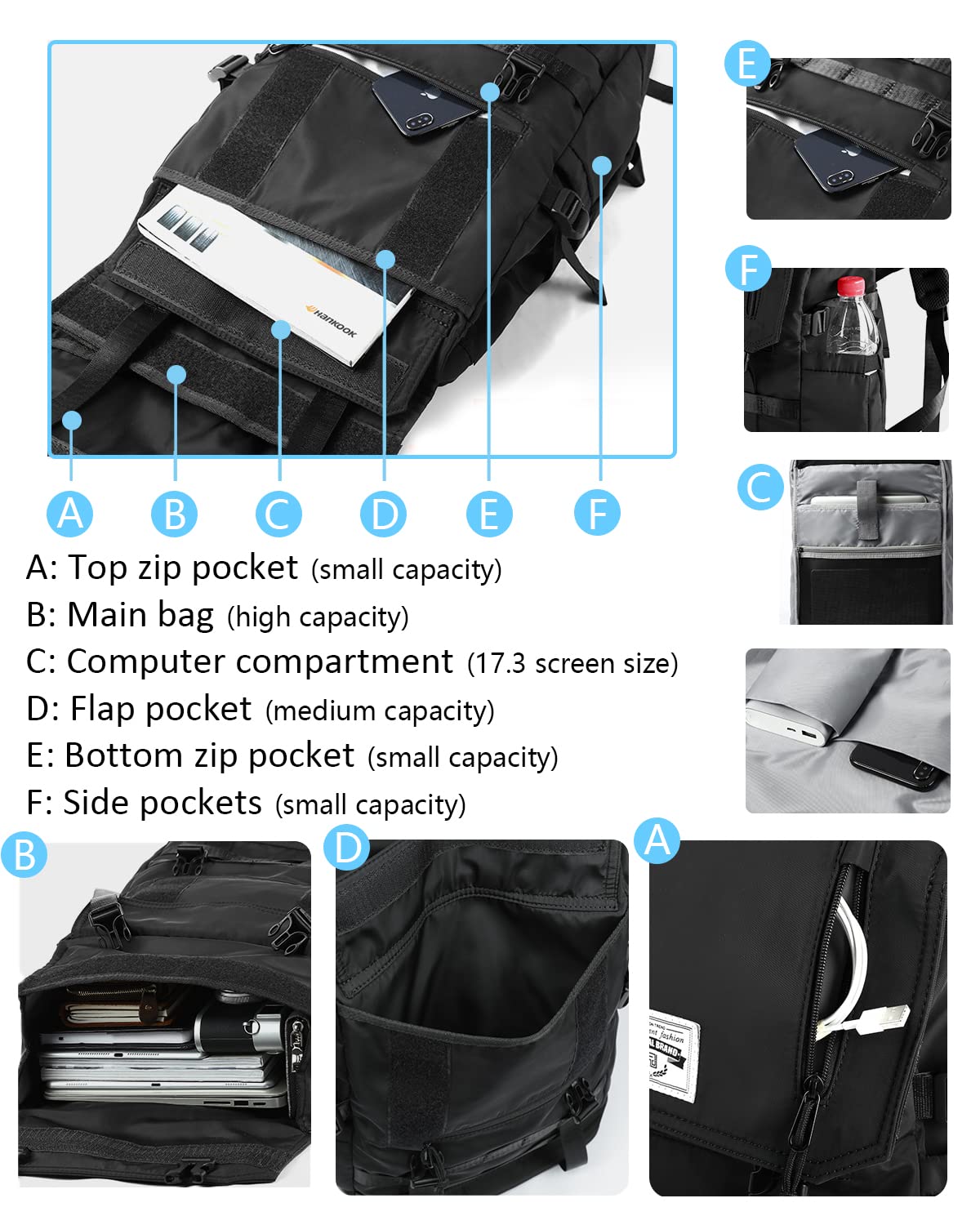 Refutuna Roll Top Backpack for Men, Water Resistant Expandable Rolltop Vintage Rucksack Laptop Backpack for School Commute Business Travel, 40 Max Liter & Fit 17.3 Inch Screen Size Computer(Black)