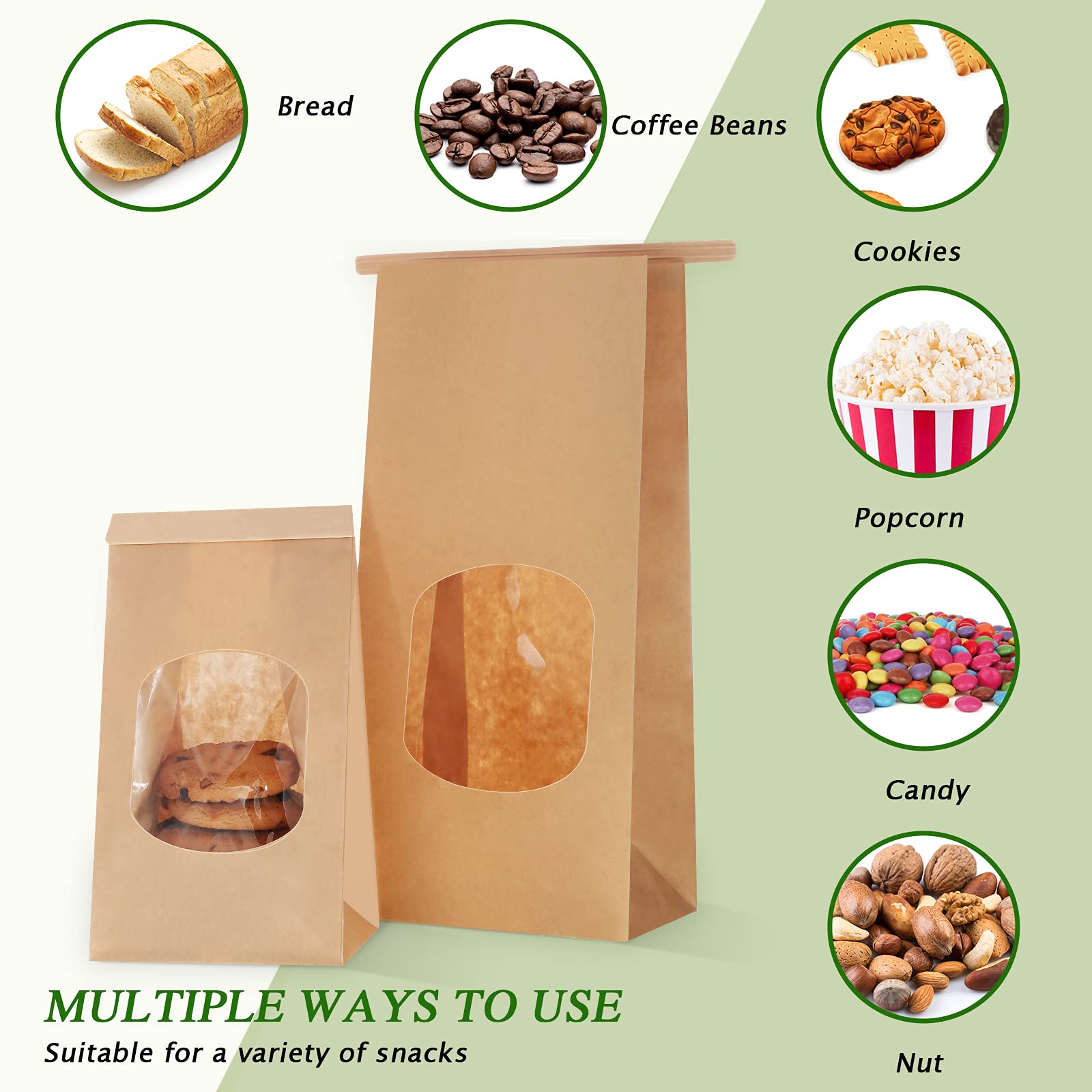 Glenmal 150 Pieces Bakery Bags with Window Kraft Packaging Treat Bag Tin Tie Tab Lock Cookie Bread Paper Coffee Bean Storage for Food Crafts Container (3.54 x 2.36 6.7 Inch), brown