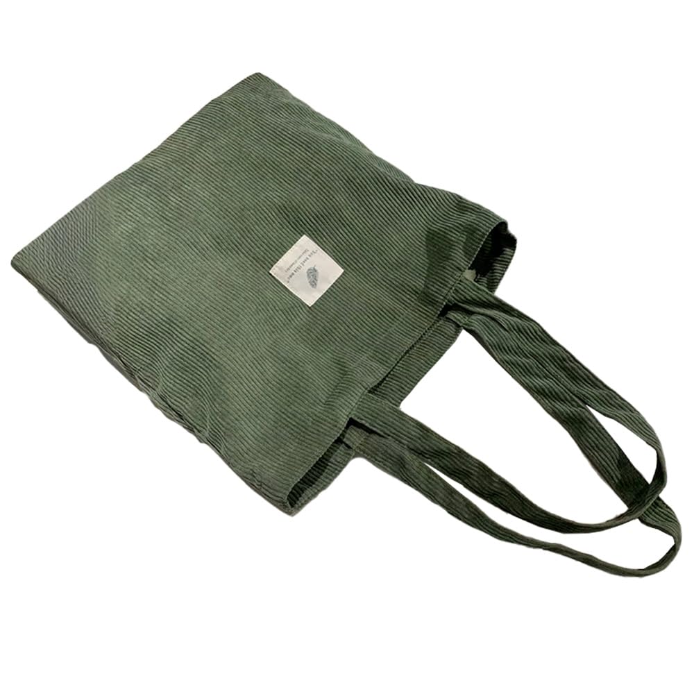 Geerta Corduroy Bag Green for Women Shoulder Bag with Inner Pocket Olive Green Tote Aesthetic Corduroyed Canvas Purse with Design for Work Beach Lunch Travel and Shopping Grocery