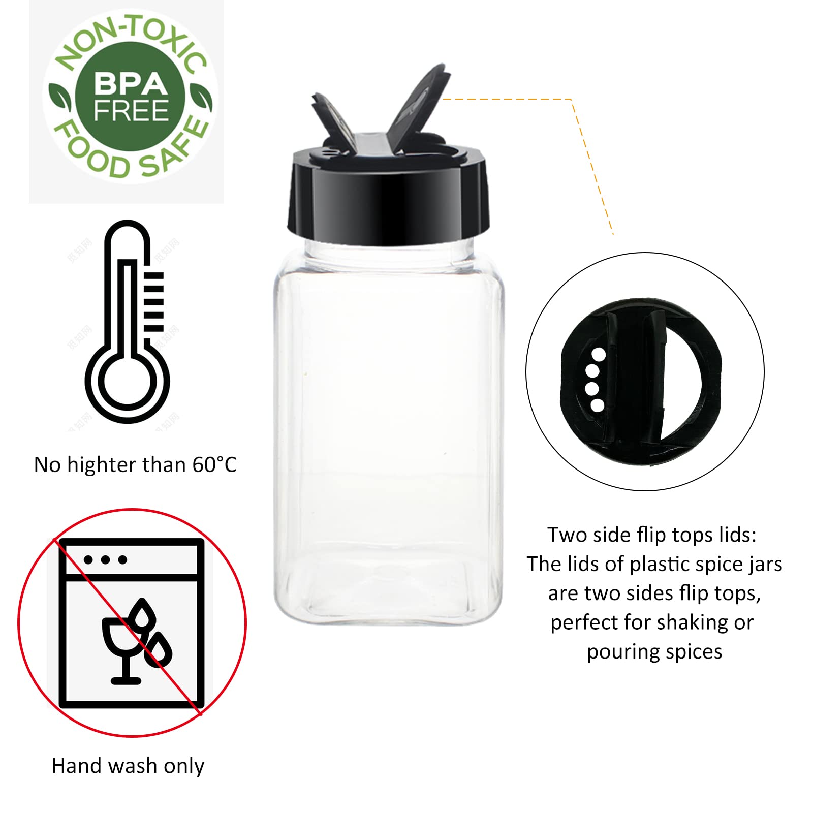 BPFY 12 Pack 4oz Clear Plastic Spice Jars With Black Plastic Lids, Square Spice Bottles, Plastic Seasoning Containers with Chalk Labels, Pen, Funnel, Spice Containers For Kitchen Cabinet