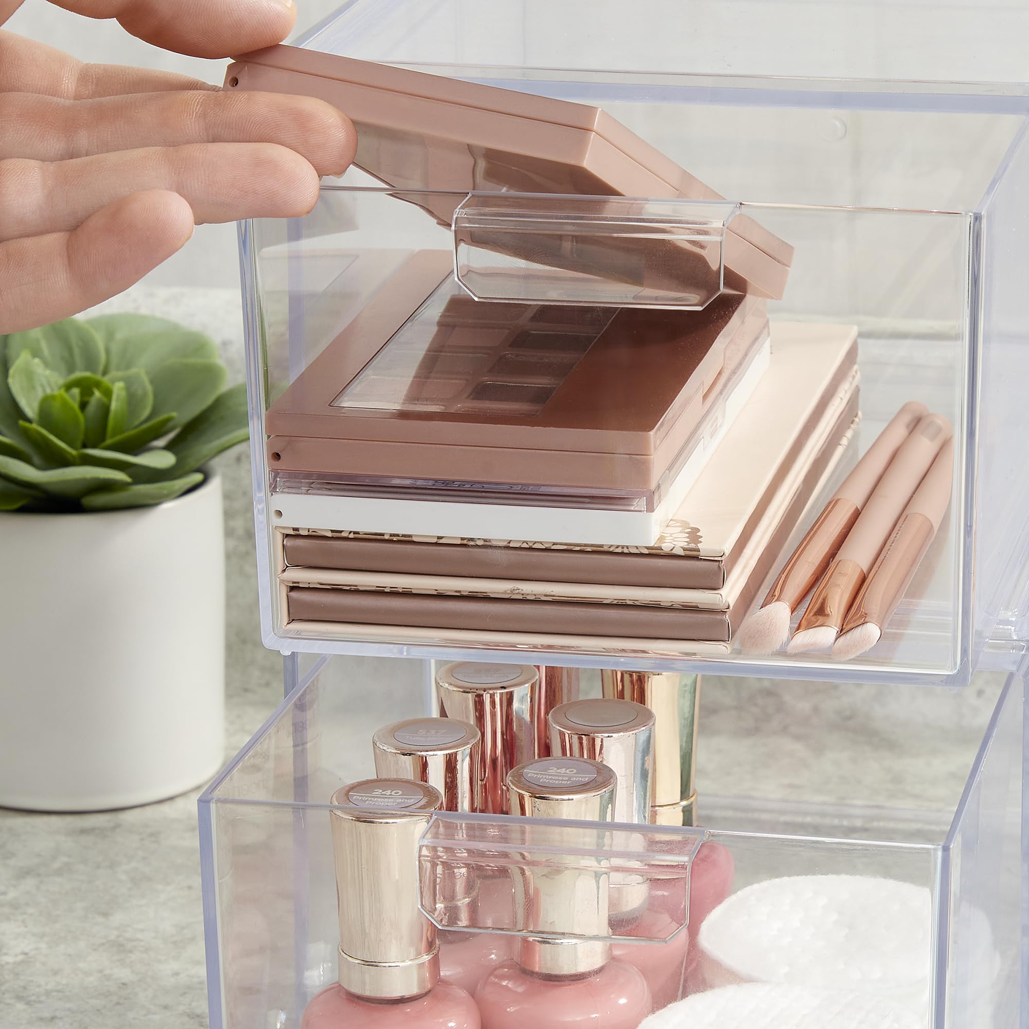 STORi 2-Pack Audrey Stackable Clear Plastic Organizer Drawers | 4.5-Inches Tall | Organize Cosmetics and Beauty Supplies on a Vanity | Made in USA