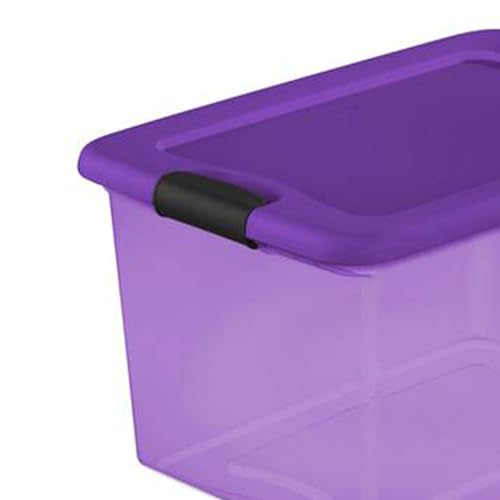Sterilite 64 Qt Latching Storage Box, Stackable Bin with Latch Lid, Plastic Container to Organize Halloween Decor, Purple Tint with Purple Lid, 6-Pack