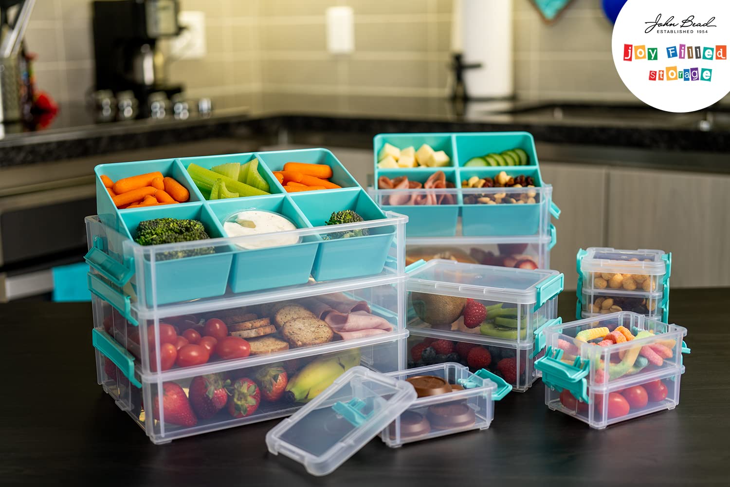 Joy Filled Storage - 4 Clear Stackable Containers 4 lids Each (3x2.5x1in) - with Turquoise Detail for Craft, Ideal for Food Storage and Organizing Containers
