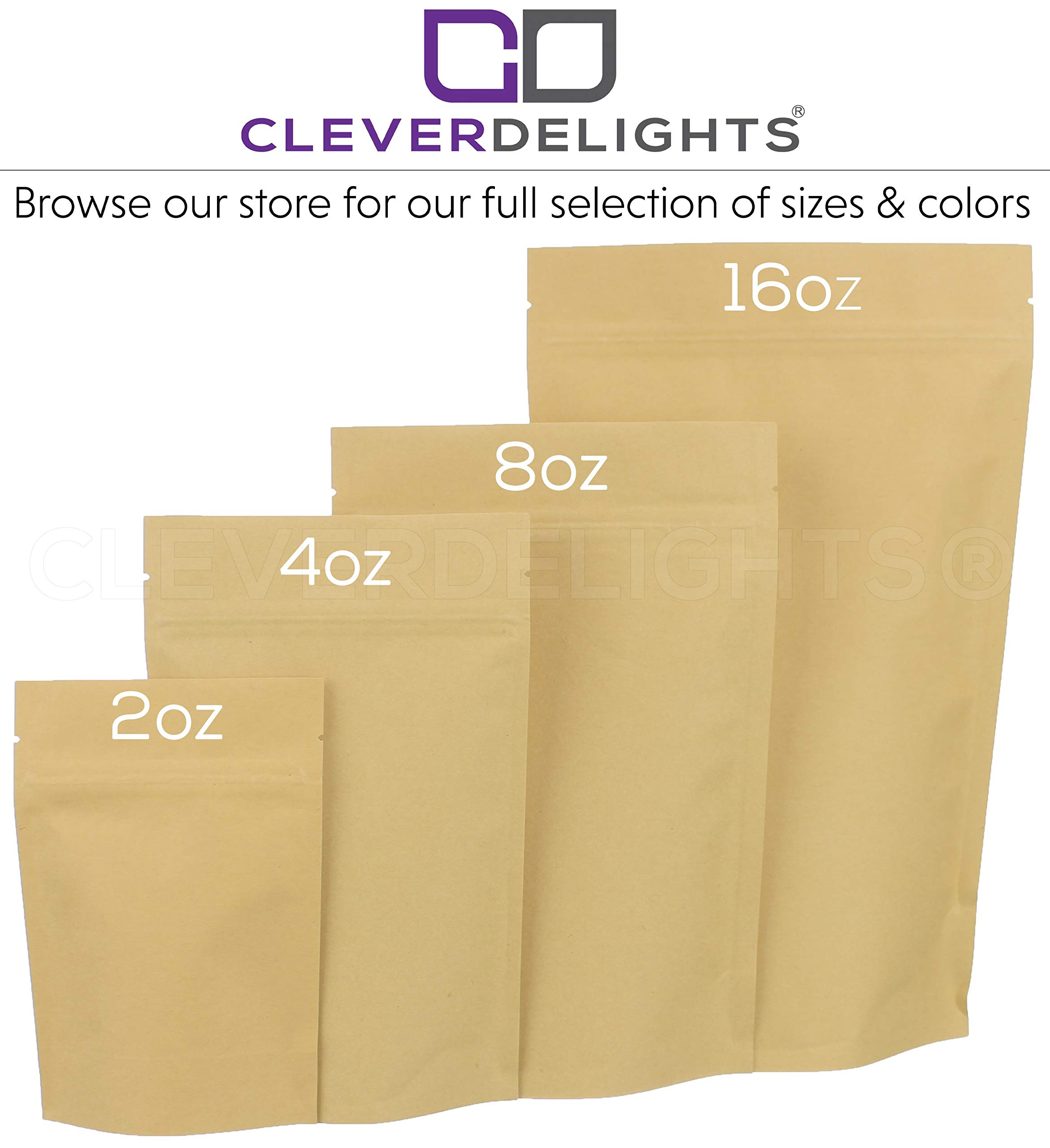 CleverDelights Kraft Stand Up Pouches - 8oz - 50 Pack - 6" x 9" x 3"