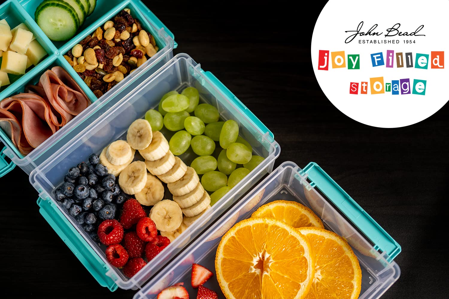 Joy Filled Storage - 4 Clear Stackable Containers 4 lids Each (3x2.5x1in) - with Turquoise Detail for Craft, Ideal for Food Storage and Organizing Containers