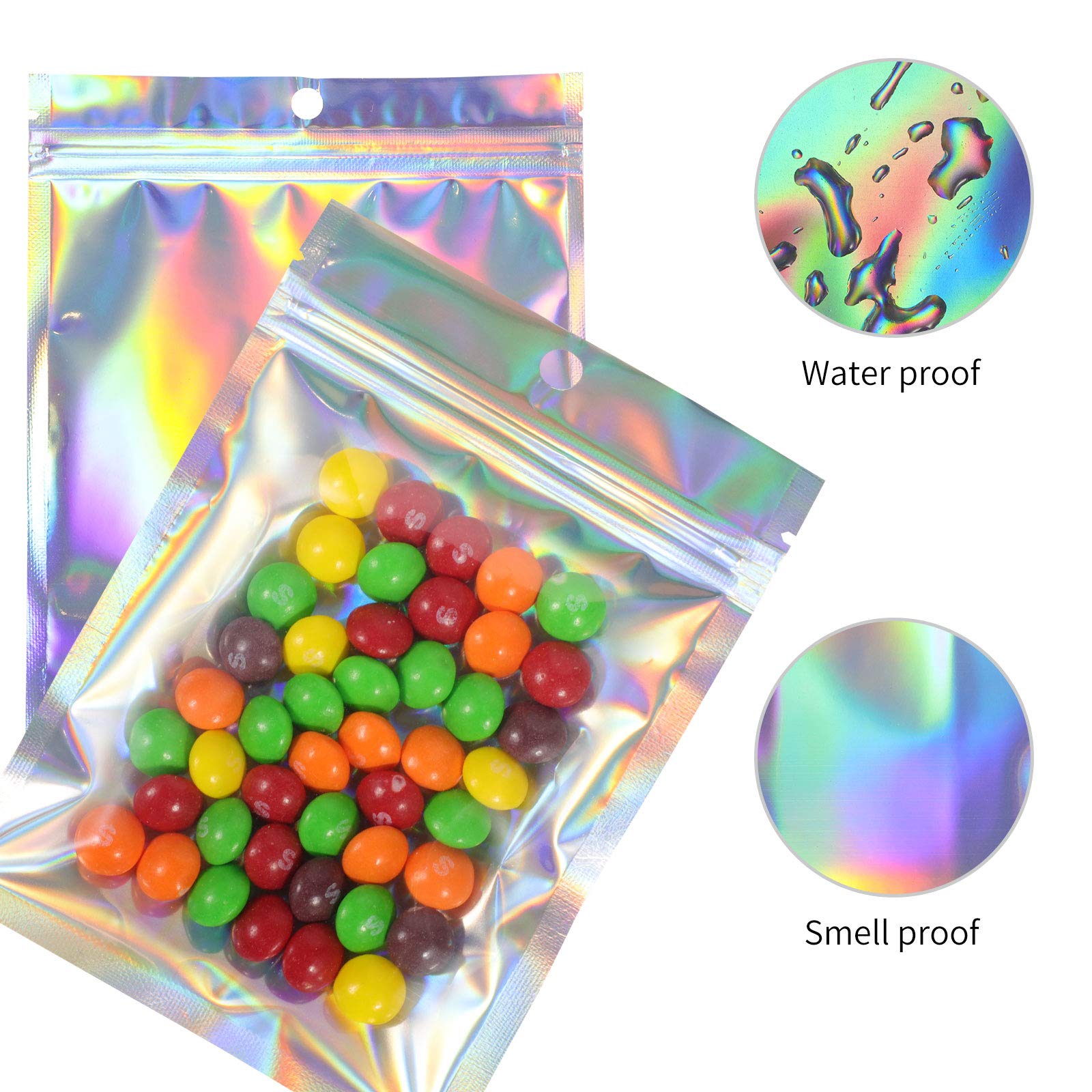 ISKYBOB 100 Pieces Resealable Mylar Zip Lock Bags Rainbow Flat Foil Pouches Smell Proof Food Storage Gift Package Supplies, M