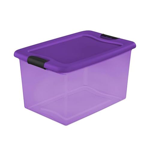 Sterilite 64 Qt Latching Storage Box, Stackable Bin with Latch Lid, Plastic Container to Organize Halloween Decor, Purple Tint with Purple Lid, 6-Pack