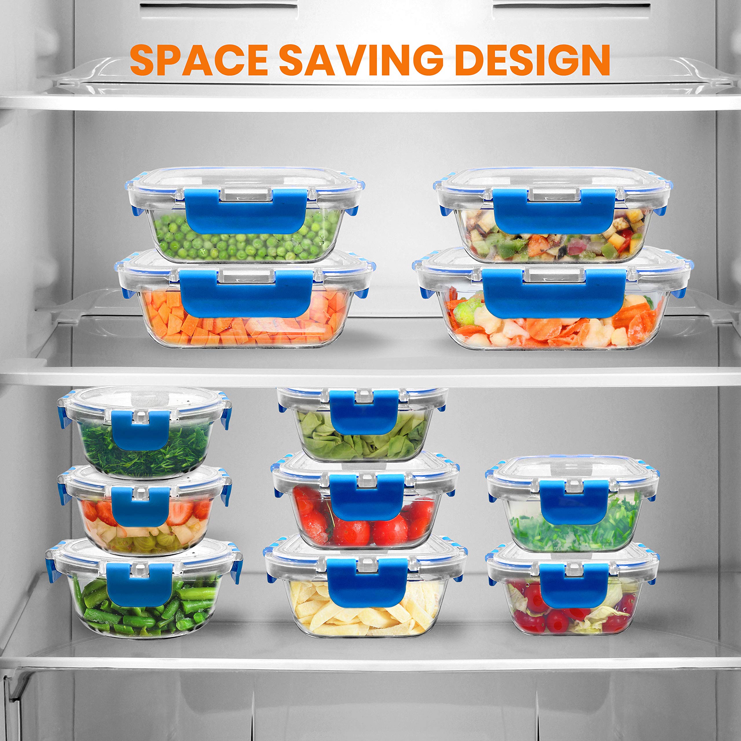 NutriChef 24pcs Glass Food Storage Containers, (12 Stackable Heavy Duty Meal Prep Containers w/ 12 Airtight Lids), Microwave, Freezer, & Dishwasher Safe for Food, Snacks, Fruit & More, (Blue)