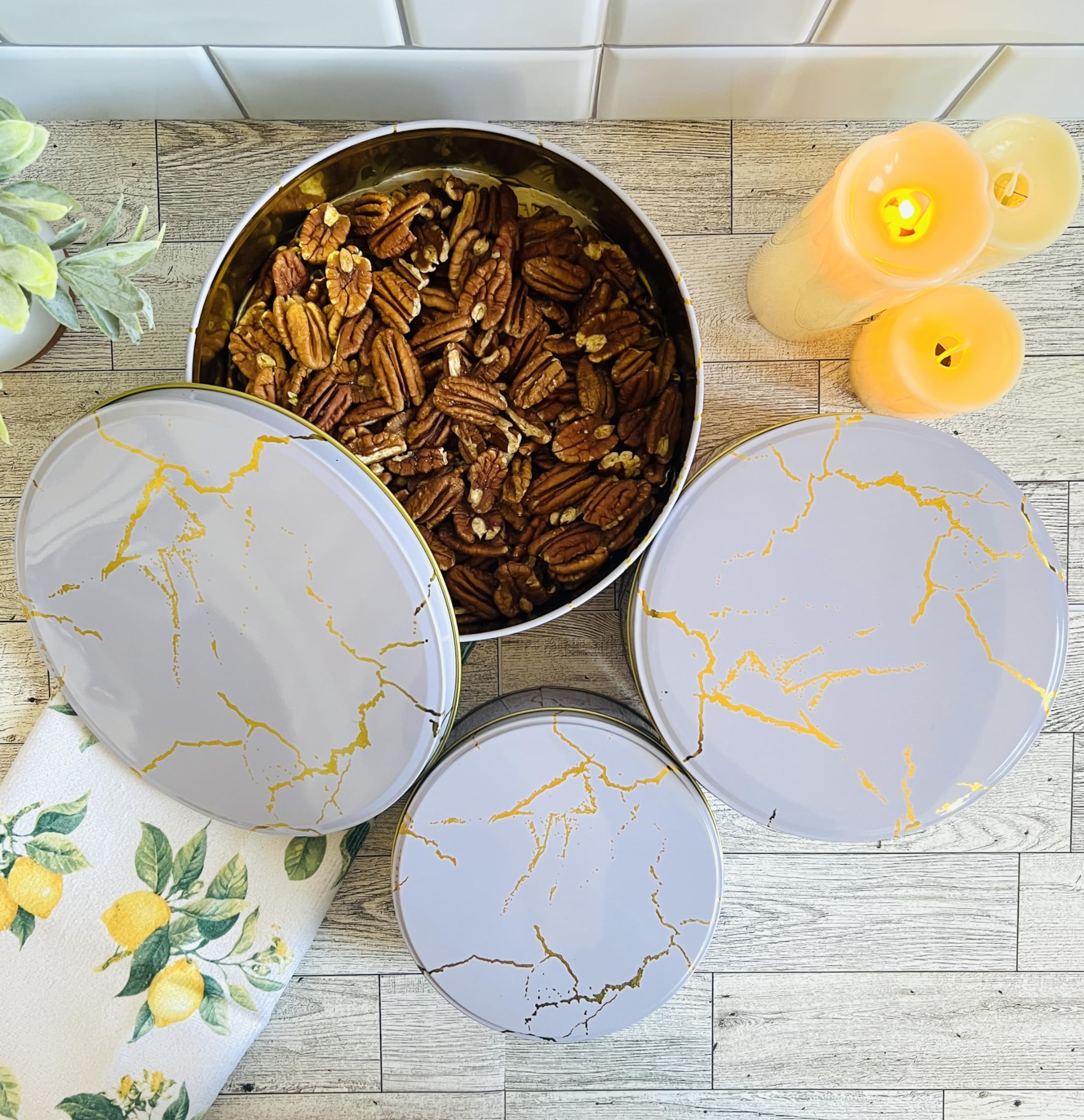 Pack of 3 Stackable Round Metal Tin Containers with Lids – Multipurpose Tins for Cookies, Candies, Kitchen Essentials & More | Thoughtful Gift for Women's / Mother's Day – Elegant White Gold Design