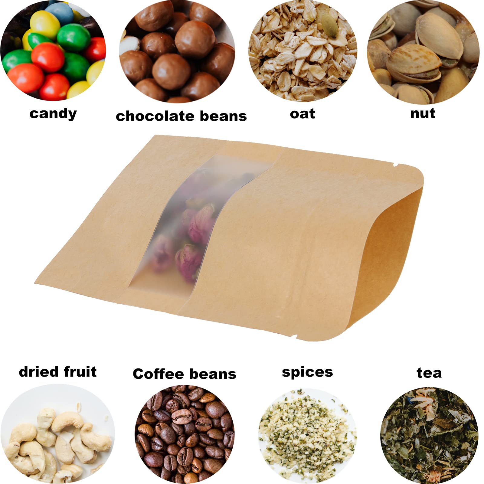 SHEUTSAN 500 Pack Kraft Bags with Window, 3.5 x 5.5 Inches Stand Up Storage Pouches Ziplock Sealing Packaging Paper Bag Resealable Sample Bags for home and business use