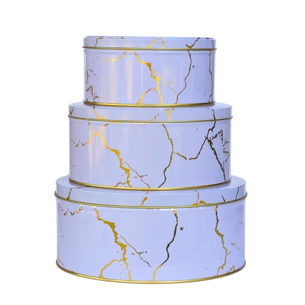Pack of 3 Stackable Round Metal Tin Containers with Lids – Multipurpose Tins for Cookies, Candies, Kitchen Essentials & More | Thoughtful Gift for Women's / Mother's Day – Elegant White Gold Design