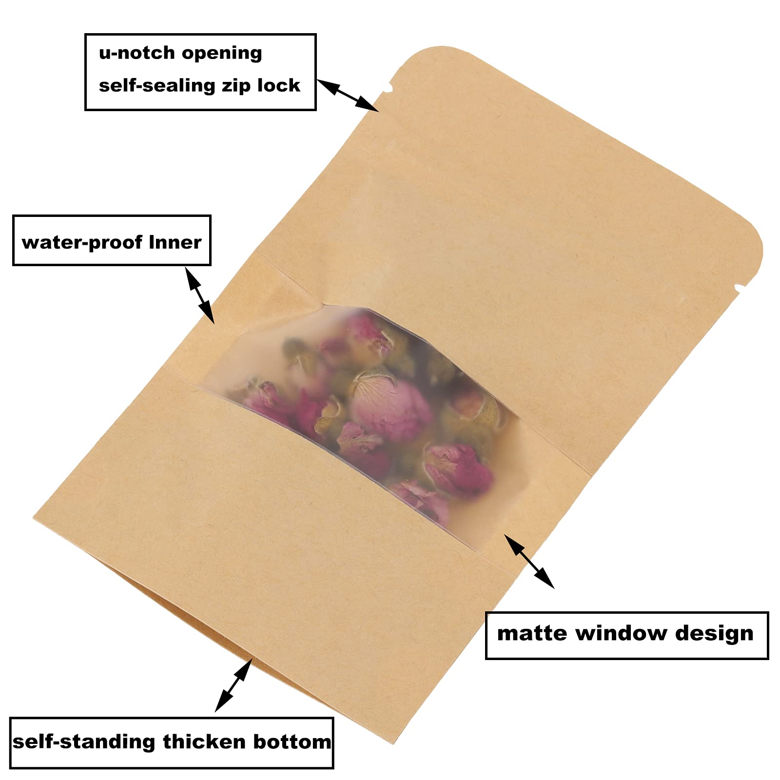SHEUTSAN 500 Pack Kraft Bags with Window, 3.5 x 5.5 Inches Stand Up Storage Pouches Ziplock Sealing Packaging Paper Bag Resealable Sample Bags for home and business use