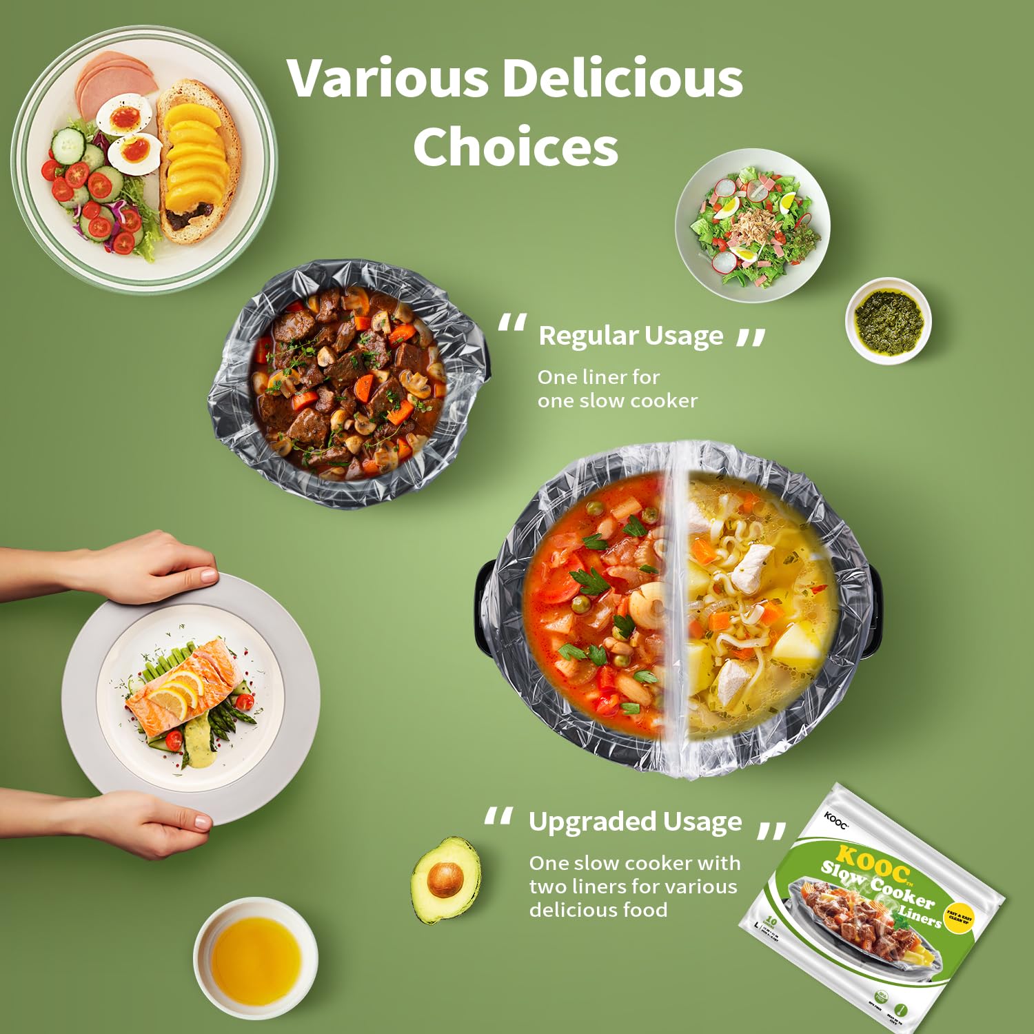 [NEW] KOOC Disposable Slow Cooker Liners and Cooking Bags, 1 Pack(10 Counts), Large Size Pot Liners Fit 4QT to 8.5QT, 13"x 21", Fresh Locking Seal Design, Suitable for Oval & Round Pot, BPA Free