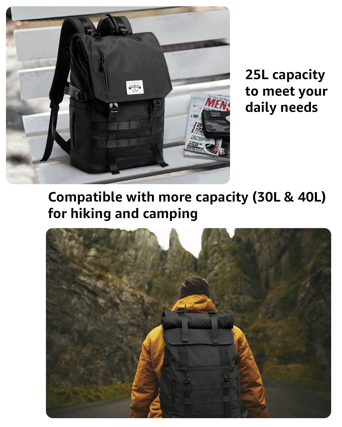 Refutuna Roll Top Backpack for Men, Water Resistant Expandable Rolltop Vintage Rucksack Laptop Backpack for School Commute Business Travel, 40 Max Liter & Fit 17.3 Inch Screen Size Computer(Black)