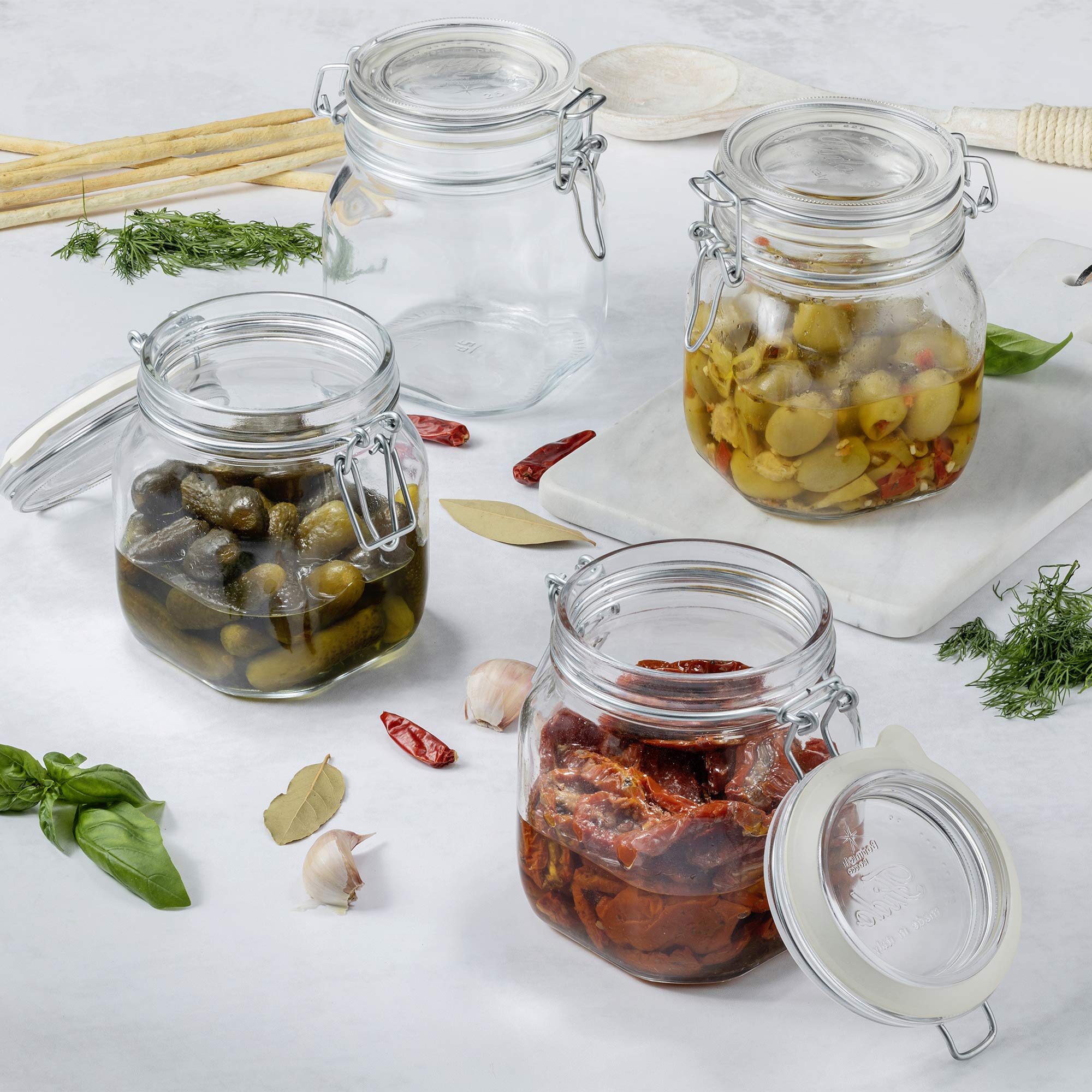 Bormioli Rocco - Food Storage Container - Glass Fido Jars - Hermetic Sealed Hinged Airtight Lid for Fermenting, With Paksh Chalkboard Labels 25 1/4 Ounce (.75 Liter)