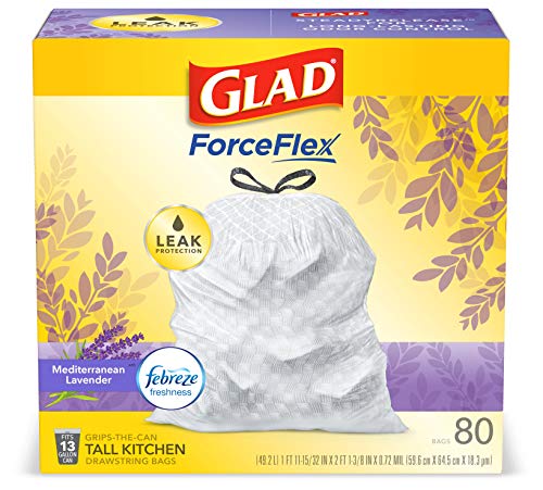 Glad ForceFlex Tall Kitchen Drawstring Trash Bags 13 Gallon White Trash Bag, Mediterranean Lavender scent with Febreze Freshness 80 Count (Package May Vary)