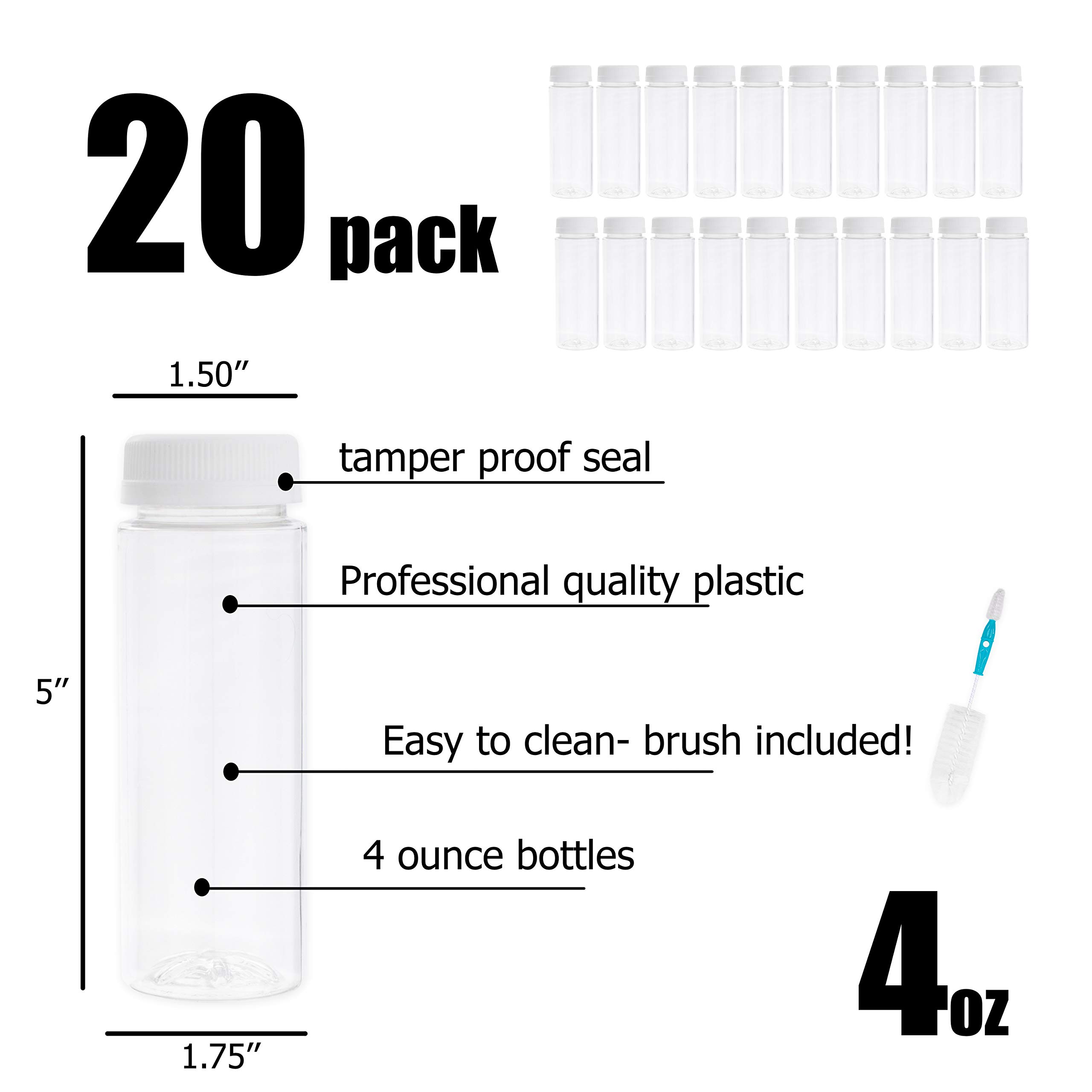 Empty PET Plastic Juice Bottles - Pack of 20 Round Reusable Clear Disposable Milk Bulk Containers with Funnel and Brush and Tamper Evident Caps (White, 4 oz)